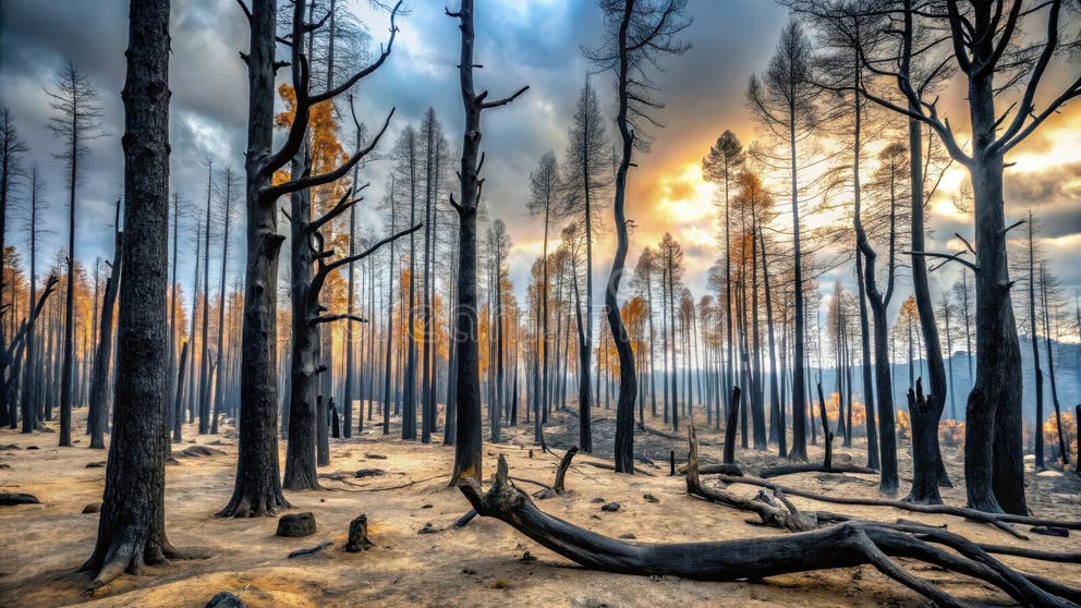 Charred Forest Landscape at Sunset Silhouetted Trees and Fallen ...