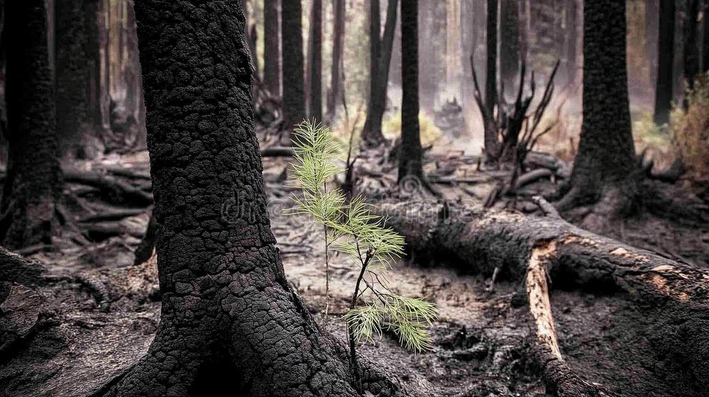 Charred Forest Scene Showing Blackened Tree Trunks and Branches ...