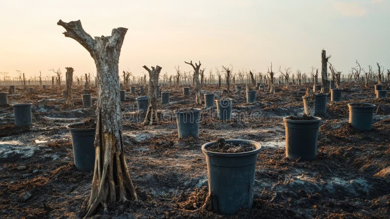 Charred Landscape with Pots after Wildfire Devastation at Sunset Stock ...