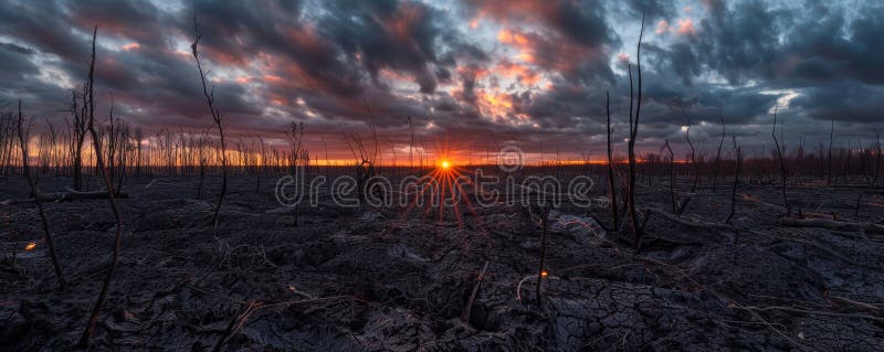 Charred Landscape at Sunset with Dramatic Clouds, Post-wildfire Scene ...