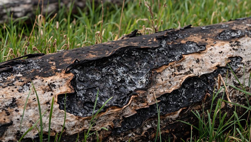 Charred Log with Exposed Black Scars Surrounded by Vibrant Green Grass ...