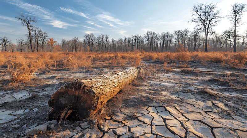 Charred Log Rests on Cracked Earth in a Sunlit Forest Clearing after a ...