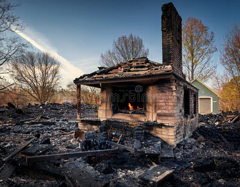 Charred Remains of a Home Post-fire with only the Fireplace Standing ...