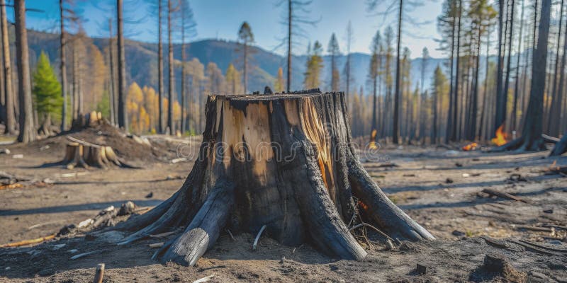 Charred Remains of Tree Stump Stand Amidst Desolate Forest Landscape ...