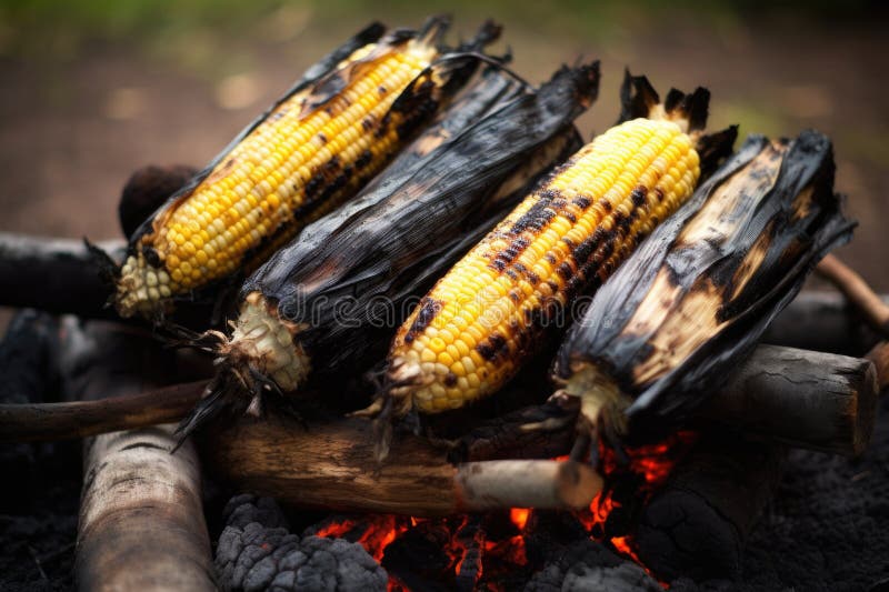 Charred and Roasted Corn on the Cob, Removed from Campfire Stock ...