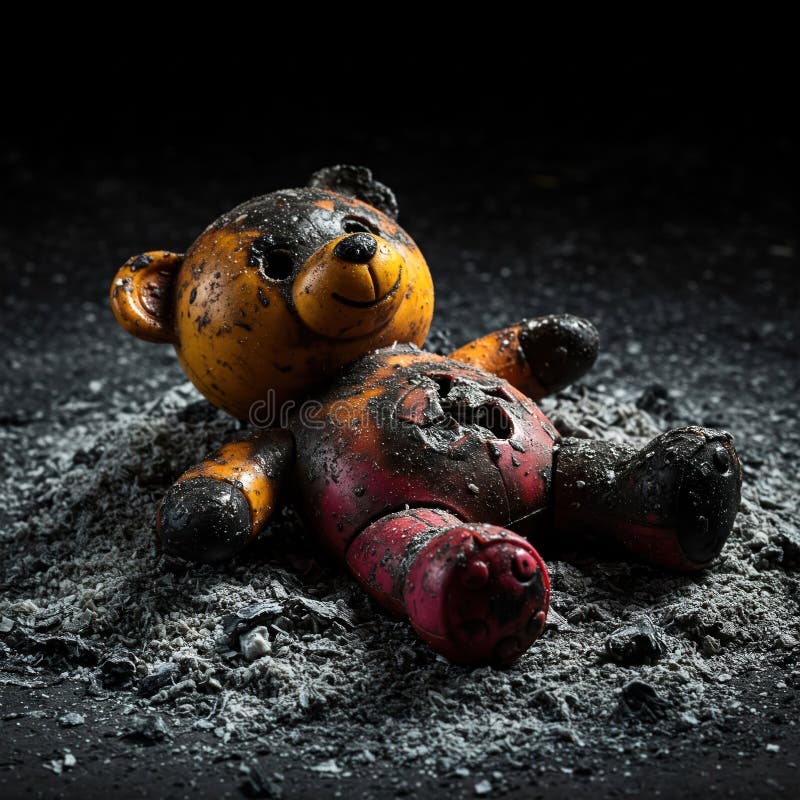 A Charred Teddy Bear in Ashes and Mud. Stock Photo - Image of melted ...