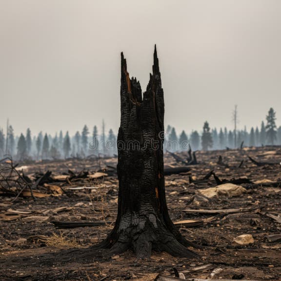 Charred Tree Stump in a Fire-Ravaged Forest Stock Illustration ...