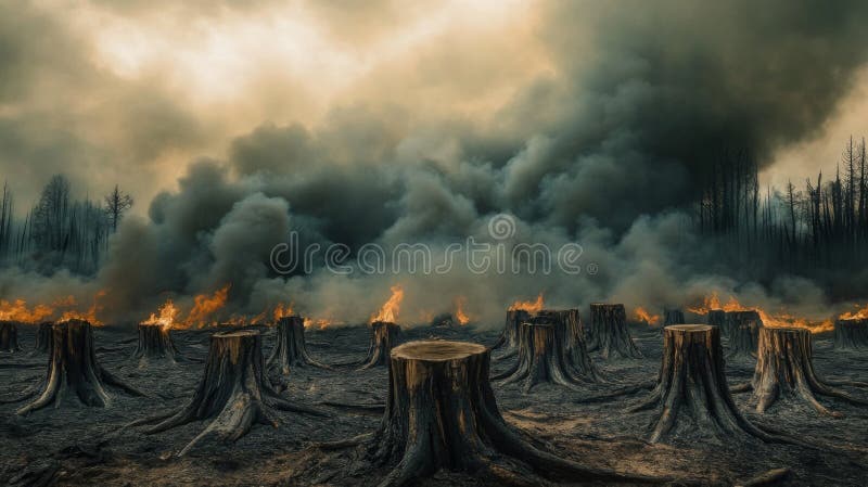 Charred Tree Stumps and Smoke after a Forest Fire Stock Illustration ...