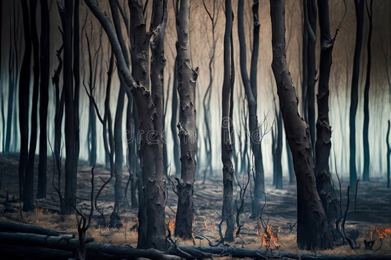 Charred Tree Trunks after Disaster in Form of Forest Wildfire Stock ...