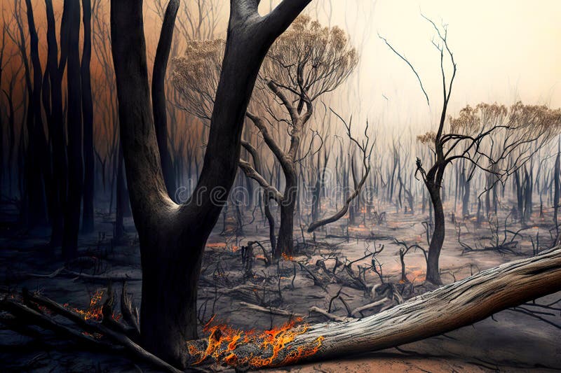 Charred Tree Trunks after Disaster in Form of Forest Wildfire Stock ...