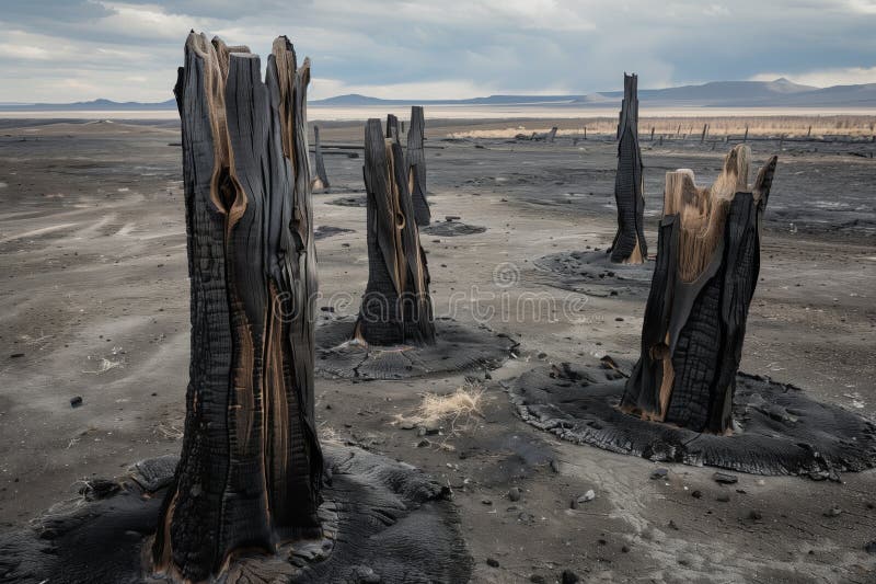 Charred Tree Trunks in an Otherwise Barren Landscape Stock Photo ...