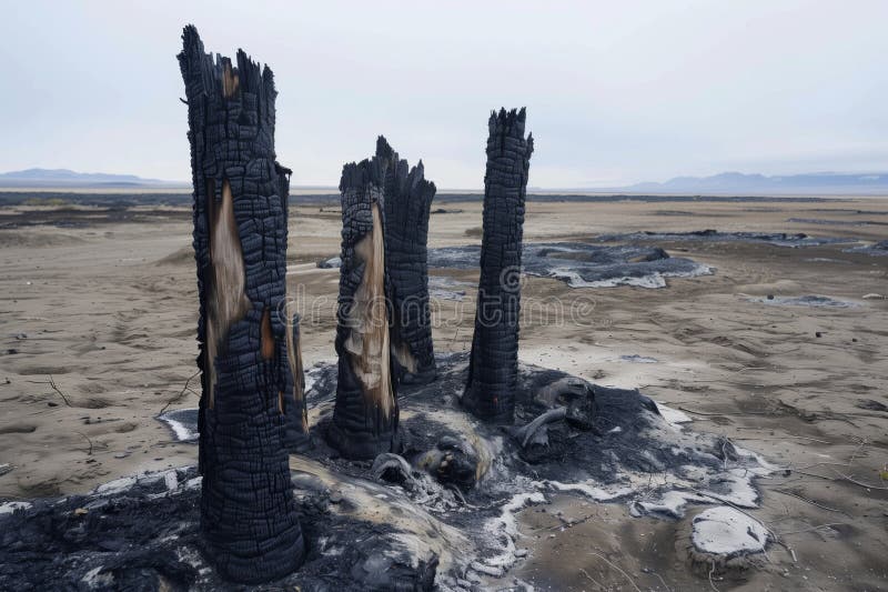 Charred Tree Trunks in an Otherwise Barren Landscape Stock Photo ...