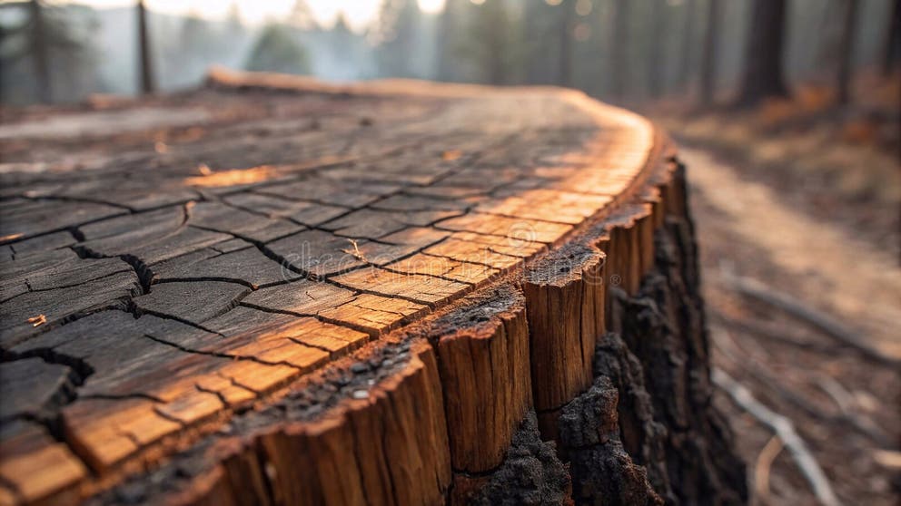 Charred Wood Texture of a Burnt Tree Stump with Deep Cracks and a ...