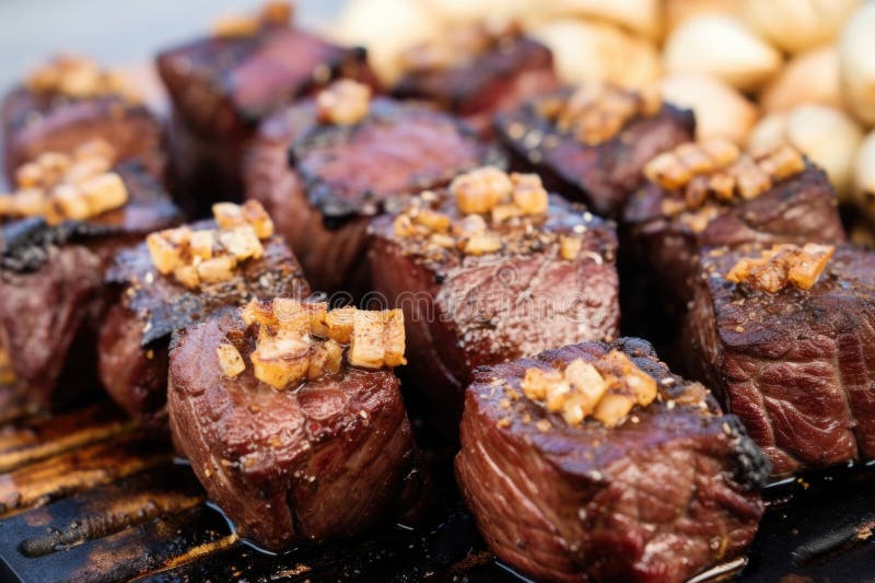 Charring Steak Tips Topped with Slices of Smoked Garlic Stock Photo ...