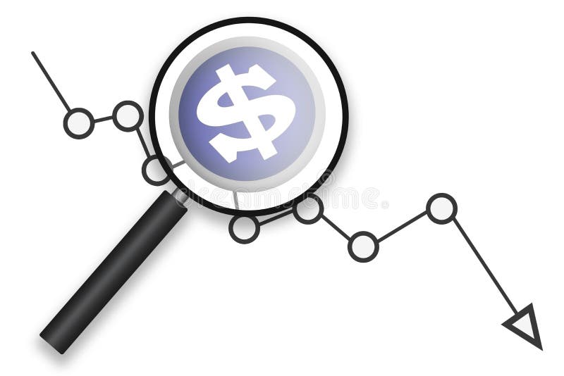 Chart with Down Arrow and Dollar Symbol Under Magnifying Glass Stock ...