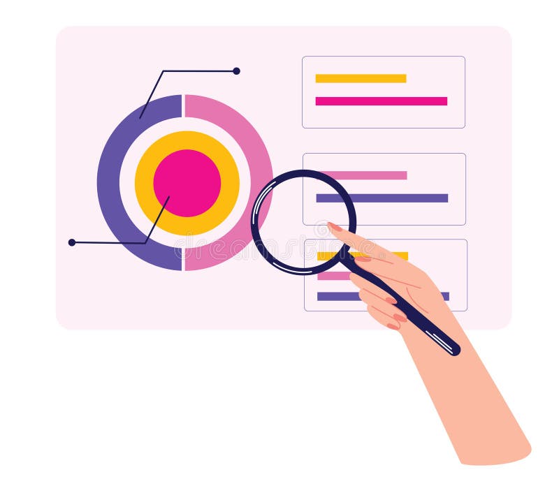 Hand with a Magnifying Glass, Analysis of the Financial Report. Diagram ...