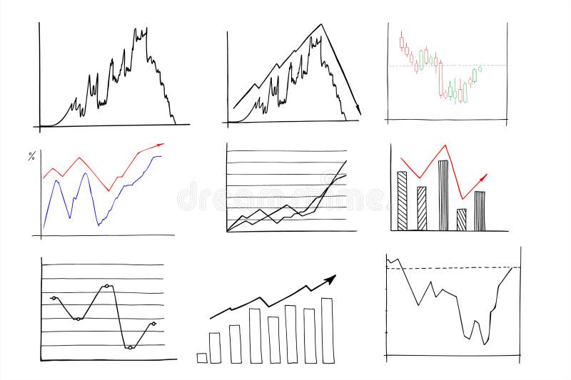 Analytical Graphic Chart with Trend Lines, Columns Set Hand Drawn Ink ...