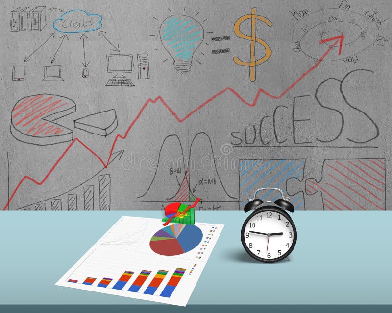 Chart on Paper with Alarm Clock in Office Stock Illustration ...
