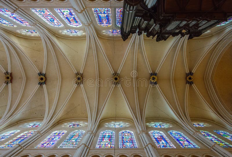 Chartres Cathedral Vaulted Roof and Stained Glass Windows Stock Image ...
