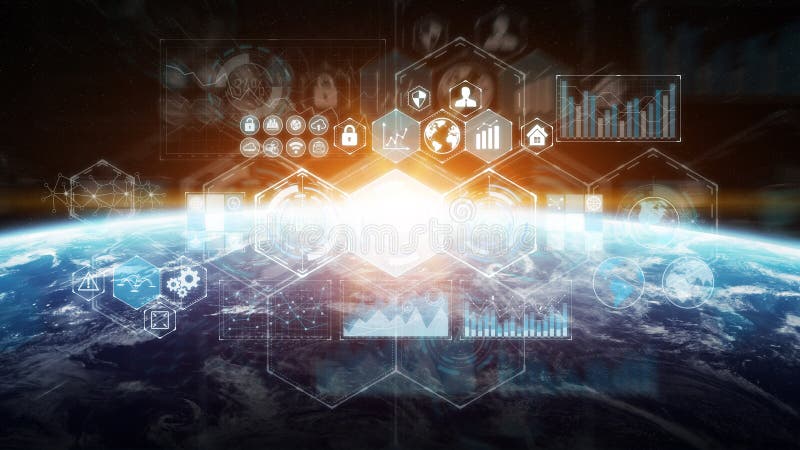 Charts Graphics and Analysis on Planet Earth 3D Rendering Stock ...