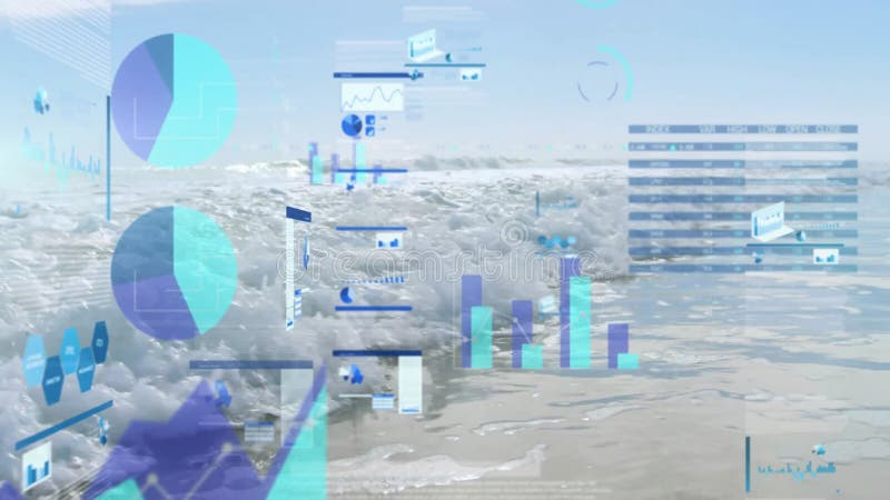 Charts and Graphs Animation Over Ocean Waves Crashing on Sandy Beach ...