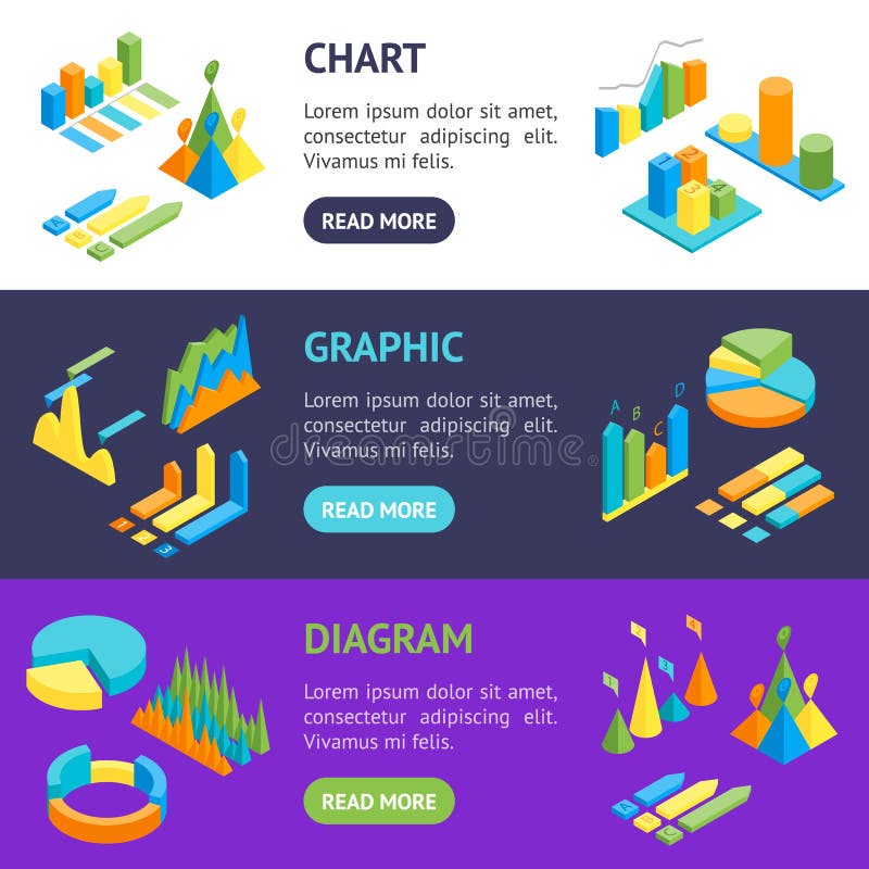Charts and Graphs Banner Horizontal Set 3d Isometric View. Vector Stock ...