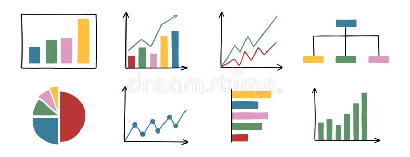 Charts and Graphs Doodle Hand Drawn Icon Set. Different Types of Charts ...