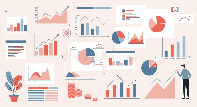 Charts and Graphs of Various Forms Cover the Image, Including Bar ...