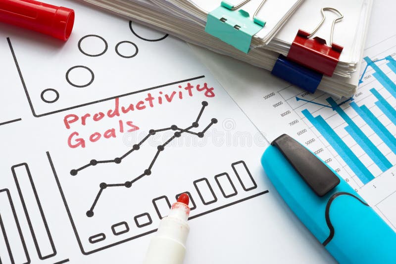 Charts and Handwritten Note of Productivity Goals. Performance ...