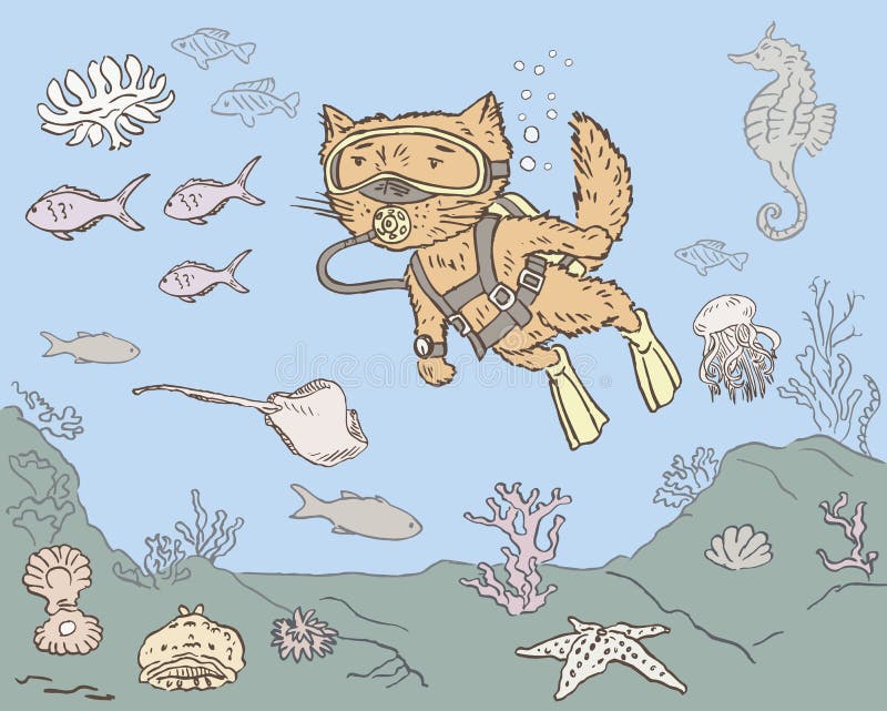 Chasse De Plongeur De Chat Pour Des Poissons Illustration de Vecteur ...