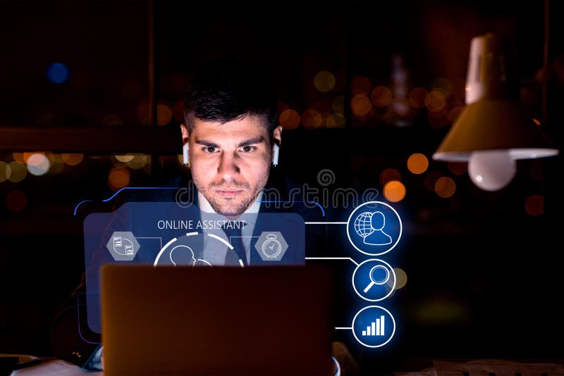 Young Man Wearing Suit Working on Laptop, Using Chatbot Stock Image ...
