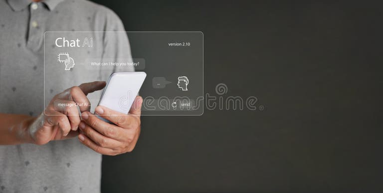 Chat Ai Concept. a Man Chats with AI on a Smartphone. Chatting with a ...