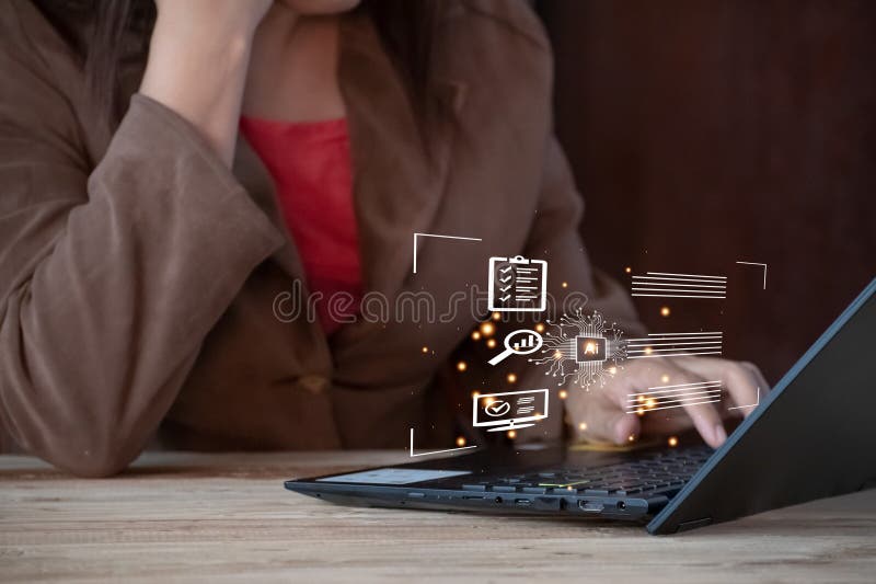 Chat AI, Woman Using Laptop Computer with Business Icon on Screen ...