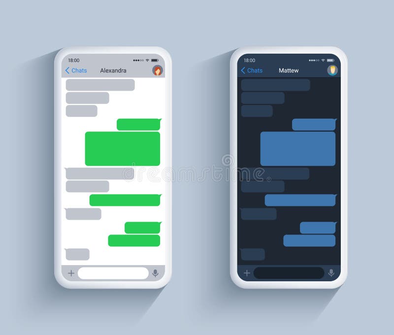 Chat App Template in Dark and Light Theme on White Phone. Short Text ...
