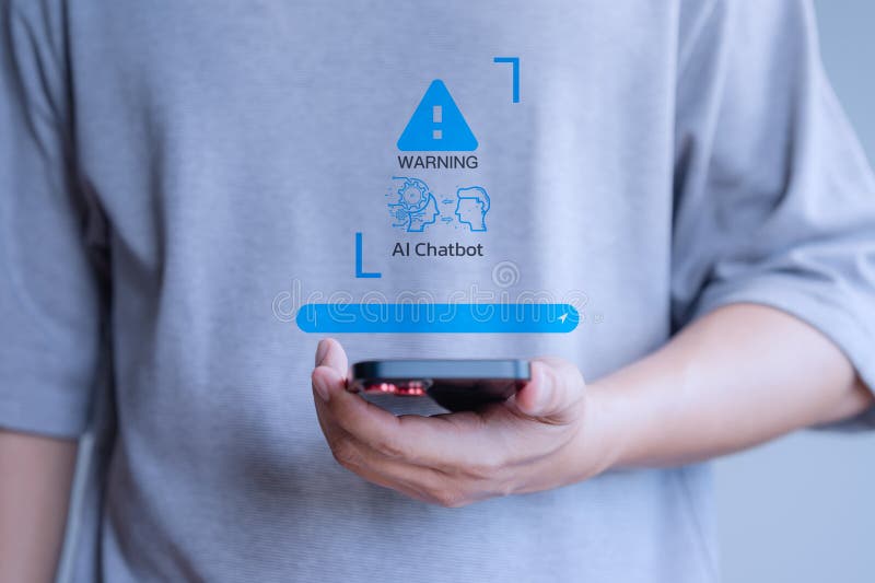 User Using Smartphone Chatting with Smart AI, with Triangle Caution ...