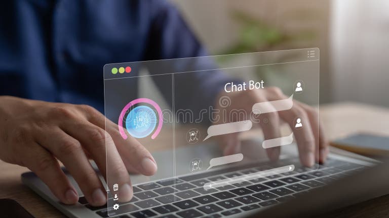 Chat Bot Chat with AI Technology or Artificial Intelligence. People Use Laptop Computers To Chat ...