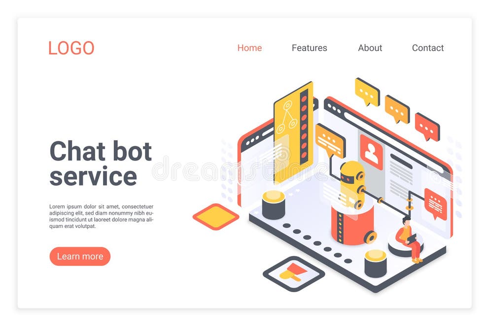 Chat Bot Service Isometric Vector Landing Page Template. Customer ...