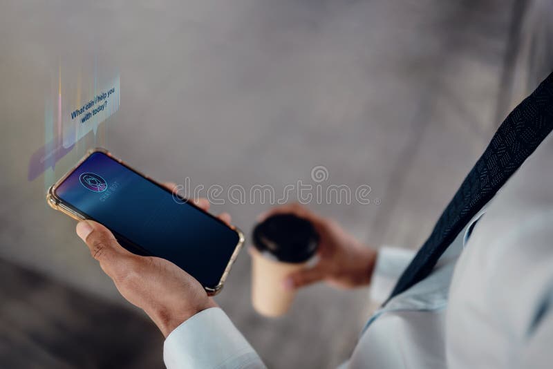 Chat Bot Technology Concept. Young Businessman Using Mobile Phone To ...