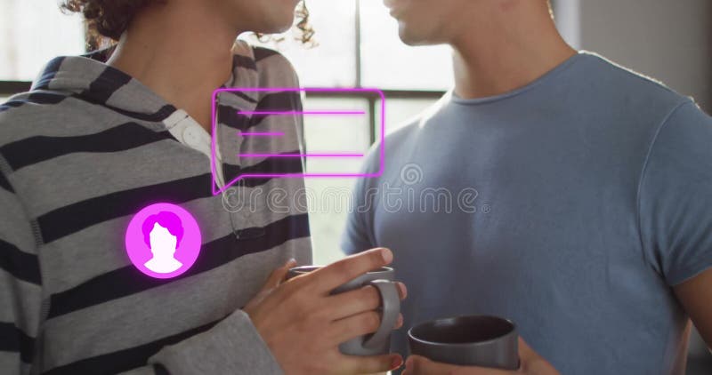 Chat Bubble and User Icon Animation Over Two People Holding Mugs and ...
