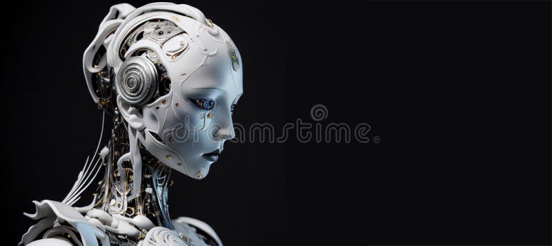 Futuristic AI Android Robot. Beautiful Female Woman Cyborg Banner. Chat ...
