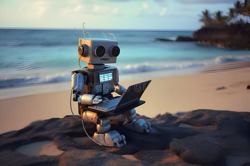 Chat Robot Typing on the Beach Near the Ocean, Generative AI 2 Stock ...