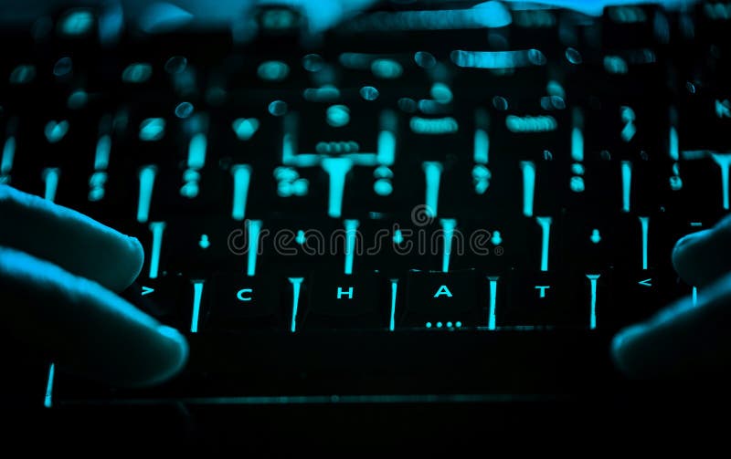 Chat - Text on Illuminated Computer Keyboard at Night Stock Photo ...
