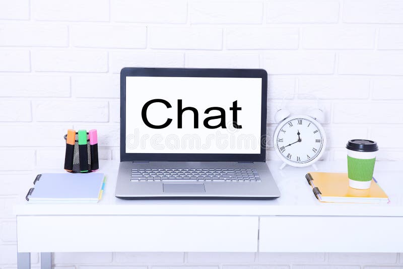 Chat. Text on Monitor. Modern Workplace with Computer, Cup of Coffee ...