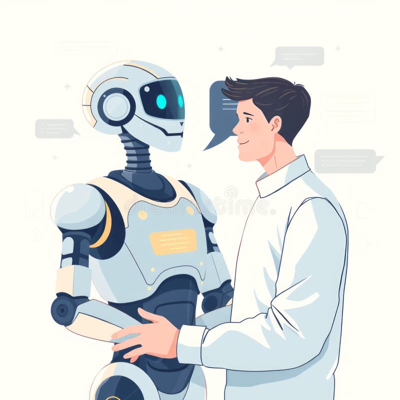 Chatbot with Artificial Intelligence (AI) and Man Utilizing Technology. Intelligent Robot with ...