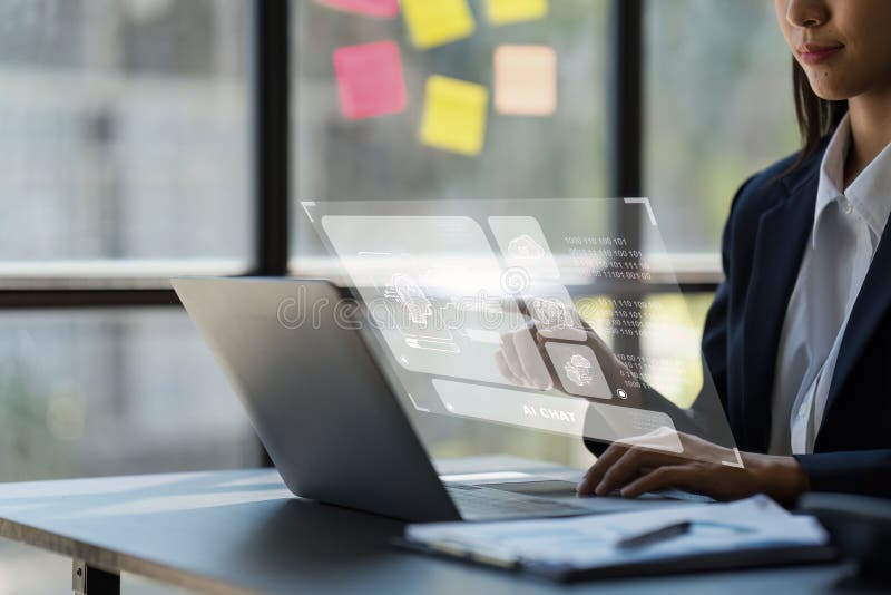 Chatbot Chat with AI, Artificial Intelligence. Business Woman Using ...