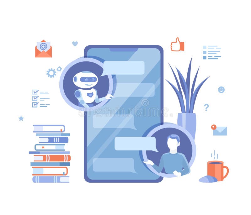 Chatbot, Customer Support, Help Services. Man Chatting with Chat Bot by ...