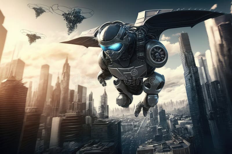 Chatbot Robot, Flying through Futuristic Cityscape, with View of High ...