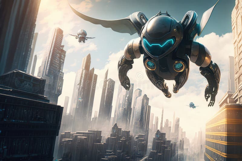 Chatbot Robot, Flying through Futuristic Cityscape, with View of High ...
