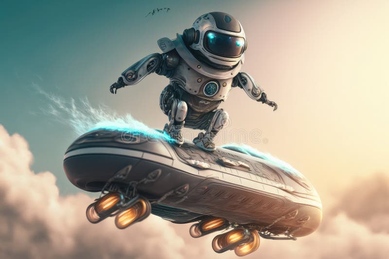 Chatbot Robot on a Futuristic Hoverboard, Flying in the Air Stock ...