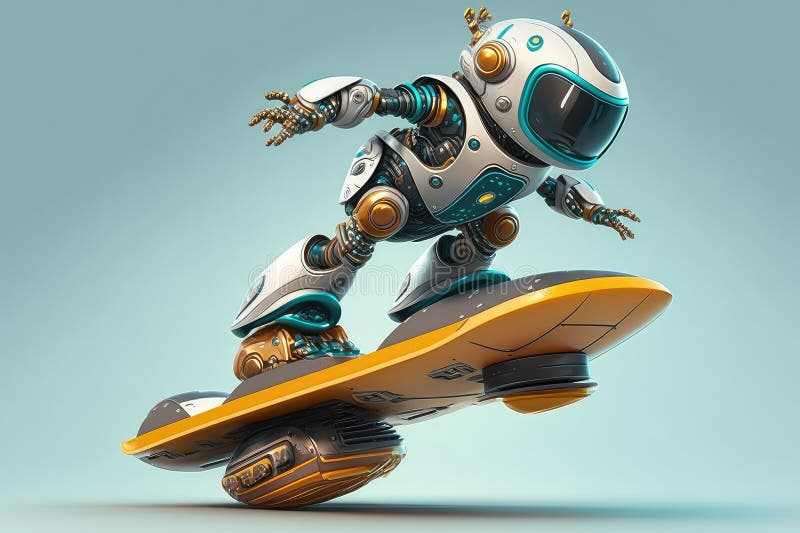 Chatbot Robot on a Futuristic Hoverboard, Flying in the Air Stock ...